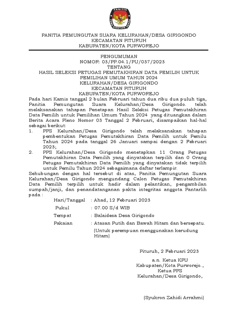 Pengumuman Hasil Pantarlih | PDF