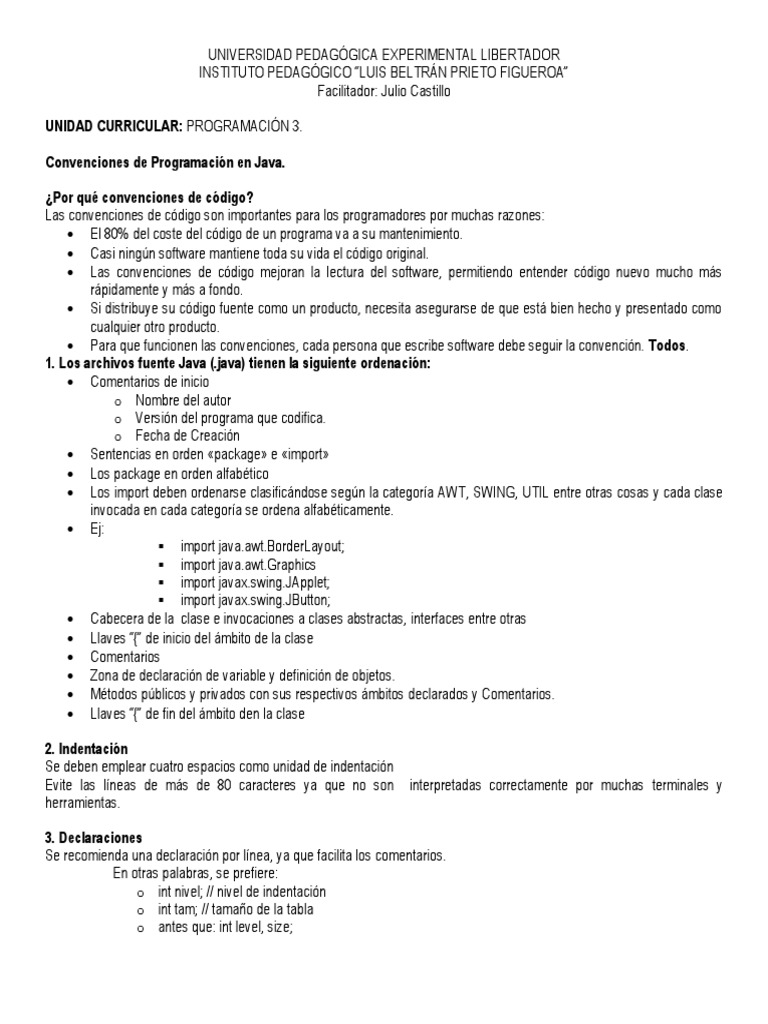 Convenciones Java | PDF | Java (lenguaje de programación) | Desarrollo de software