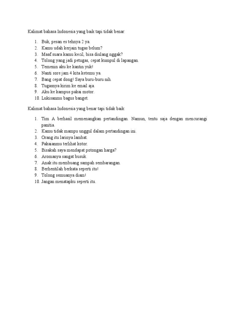 Contoh Kalimat Bahasa Indonesia Benar | PDF | Memasak, Makanan ...
