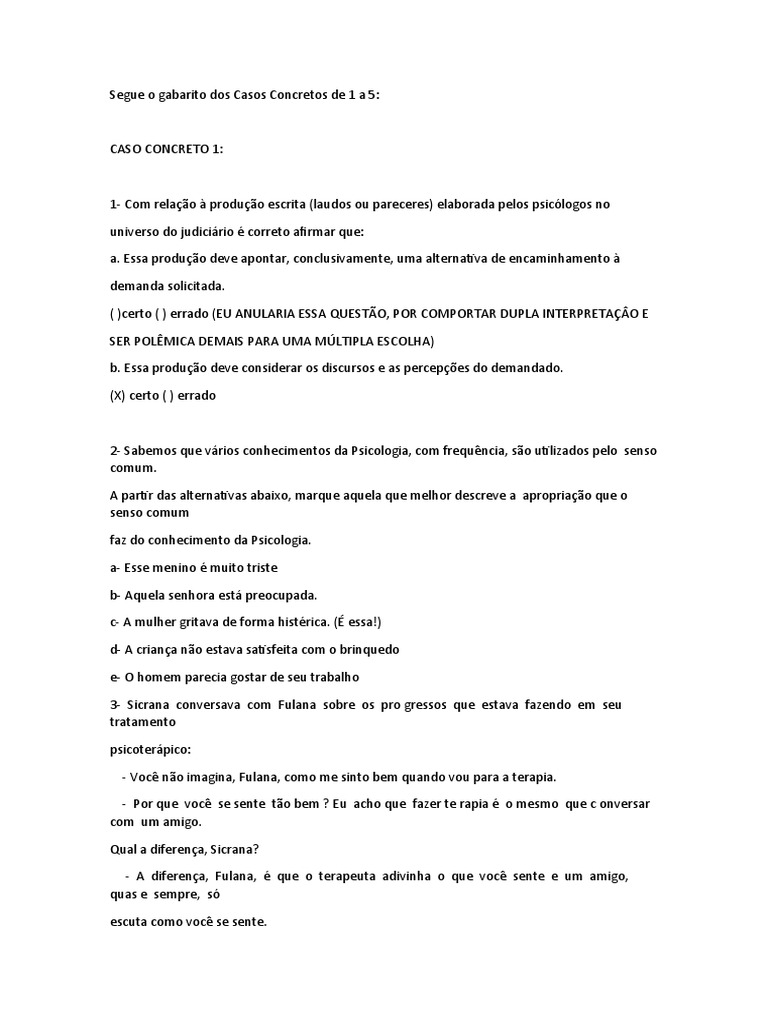 Segue o Gabarito Dos Casos Concretos de 1 A 5 | PDF | Psicologia ...