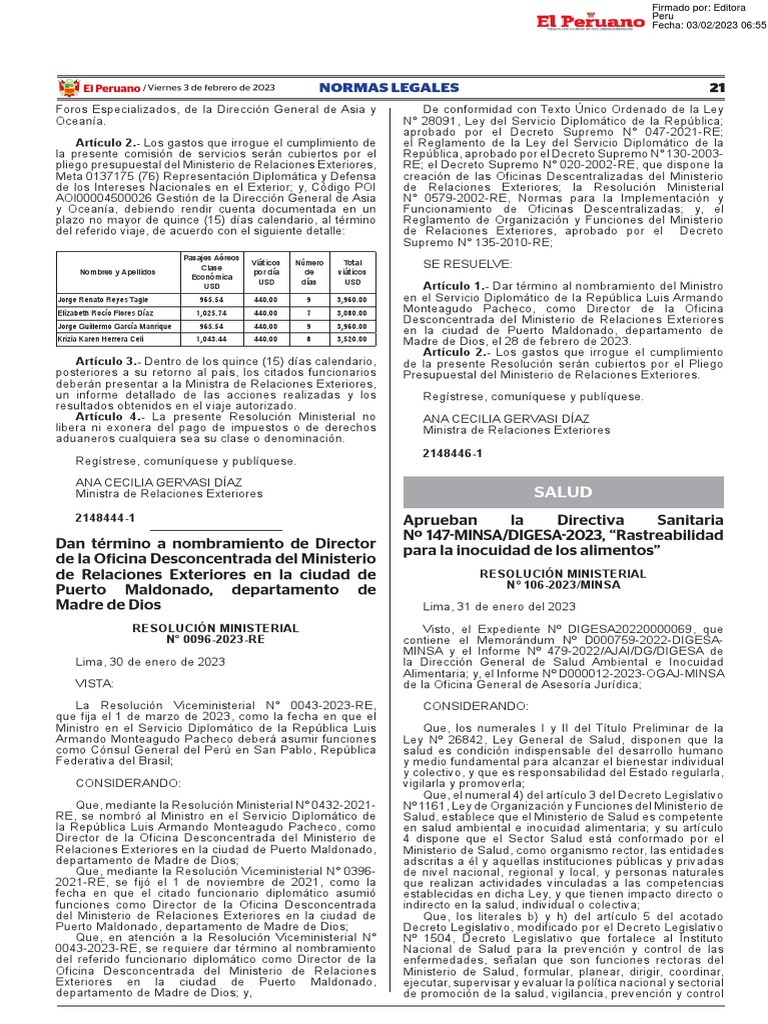 DS 147-Minsa-Digesa-2023 | PDF | Ministerio (Departamento de Gobierno) | Alimentos