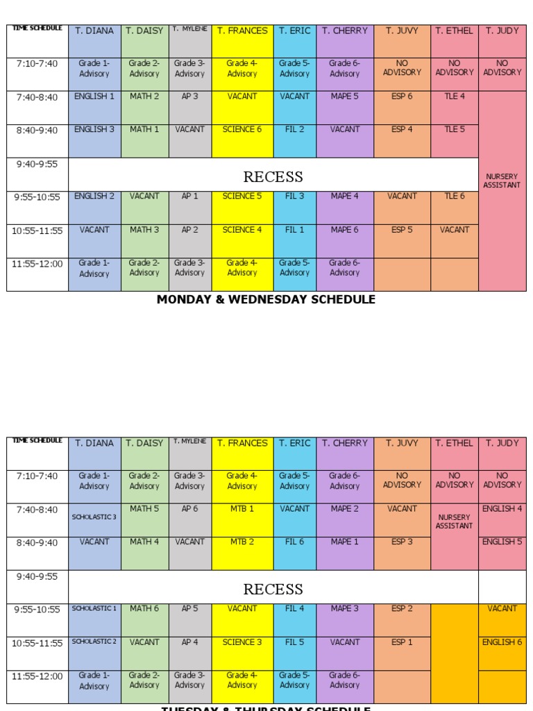 Class Schedule - Elementary | PDF