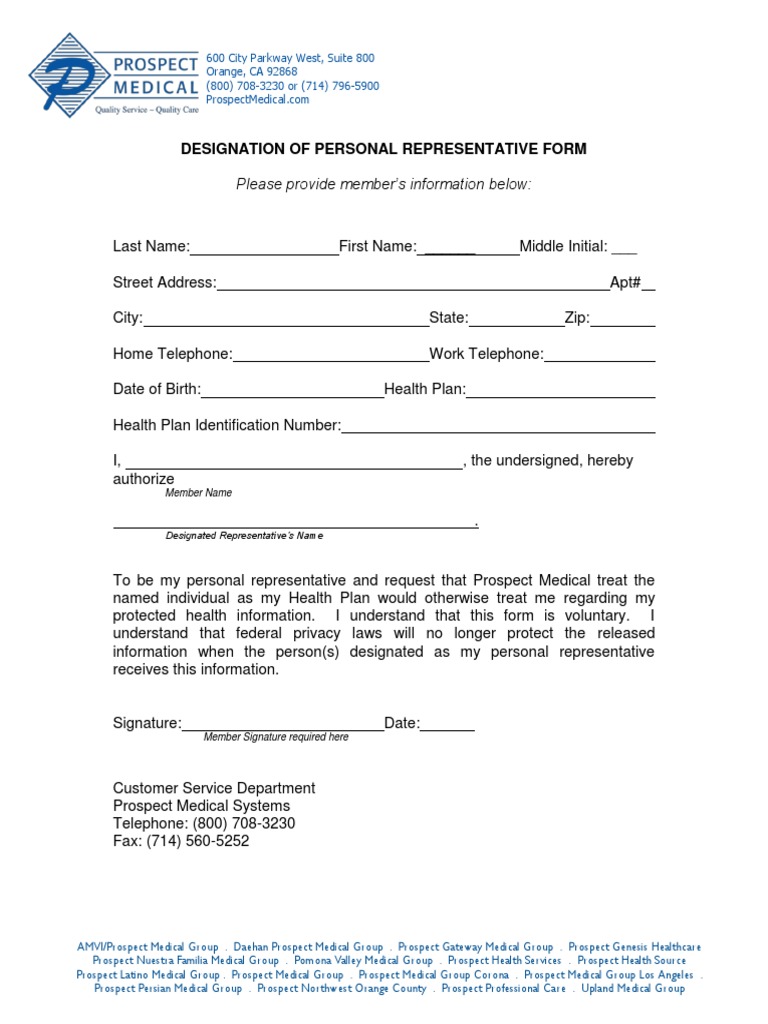 Prospect Medical Designation of Personal Representative Form PDF | PDF