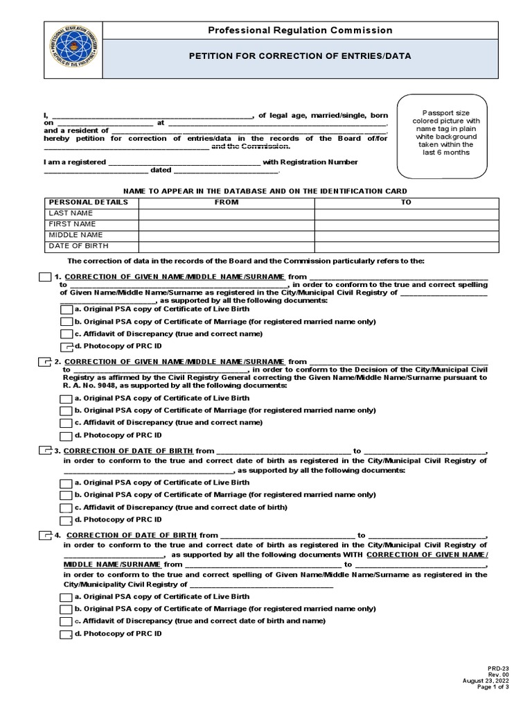 PRD-23 Correction of Entries or Data | PDF | Identity Document | Birth Certificate