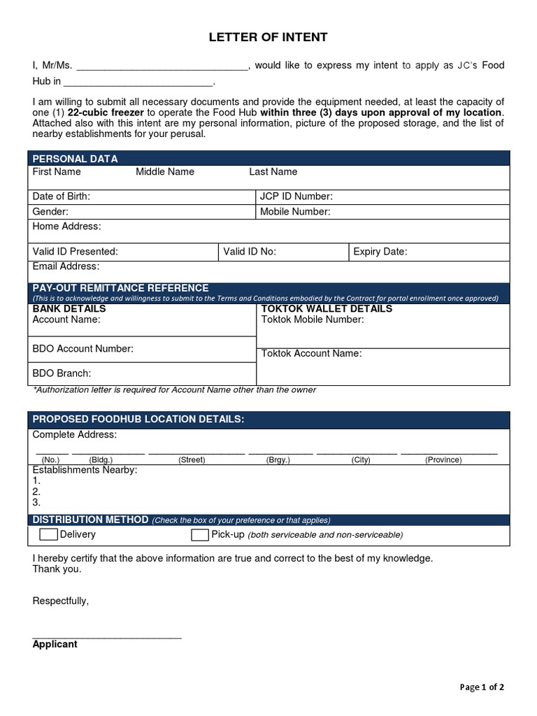 Letter of Intent for Food Hub Application | PDF | Business