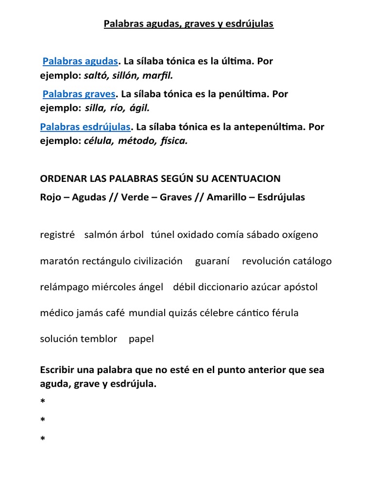 Clasificación de palabras según su acentuación: agudas, graves y ...