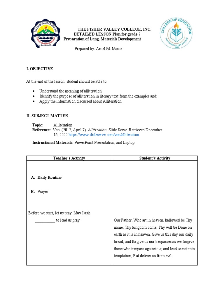 DETAILED LESSON PLAN IN ENGLISH 7 Alliteration | PDF | Lord's Prayer ...