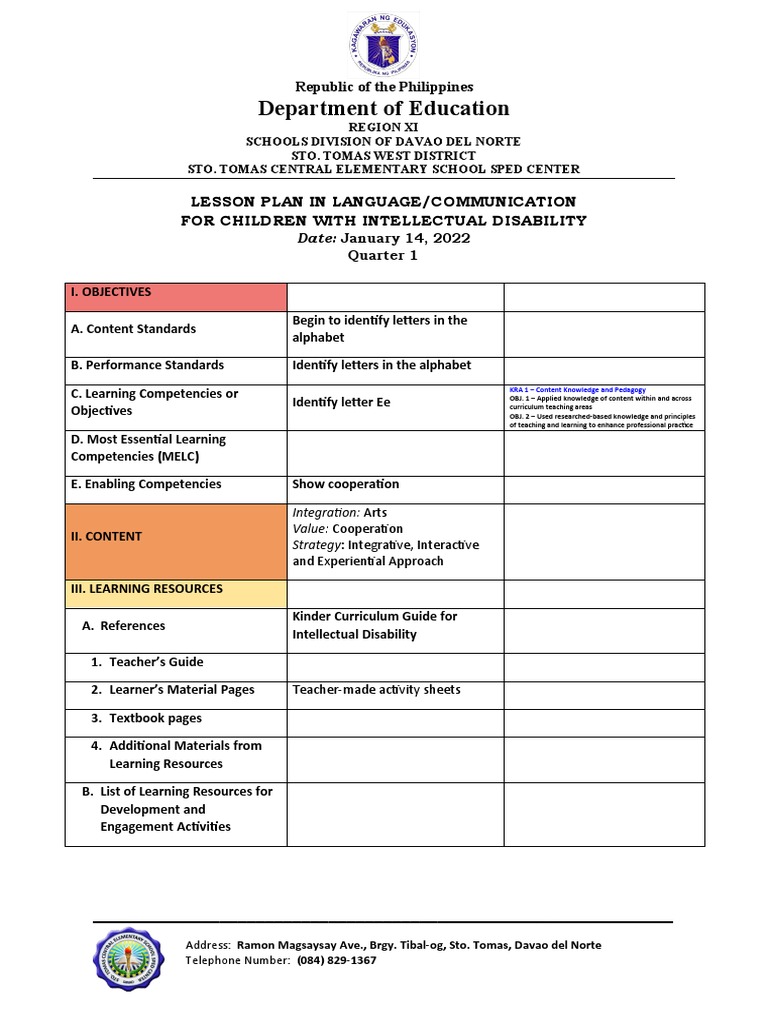 LESSON PLAN For Identifying Letters in The Alphabet-Ee | PDF | Pedagogy | Learning