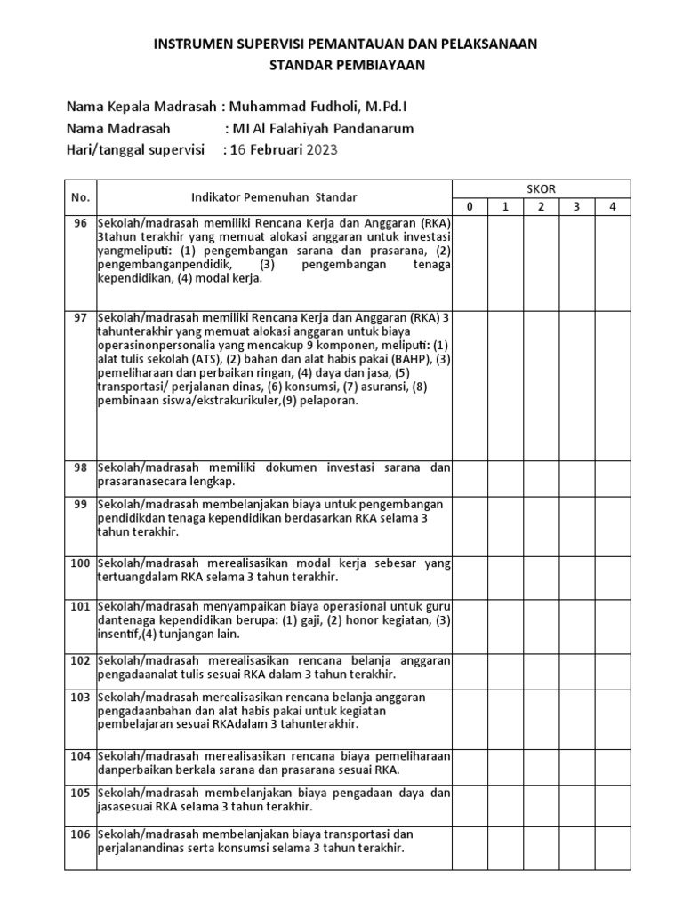Instrumen Supervisi Pemantauan Dan Pelaksanaan | PDF