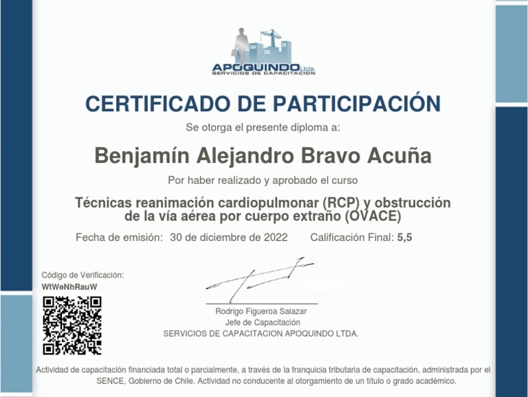 Certificado Del Curso RCP y OVACE PDF | PDF