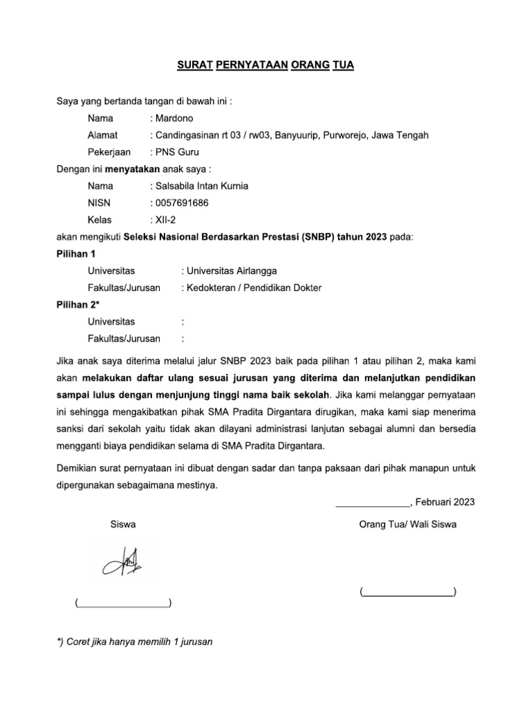 4 Surat Pernyataan SNBP 2023 Rev 13 Feb | PDF