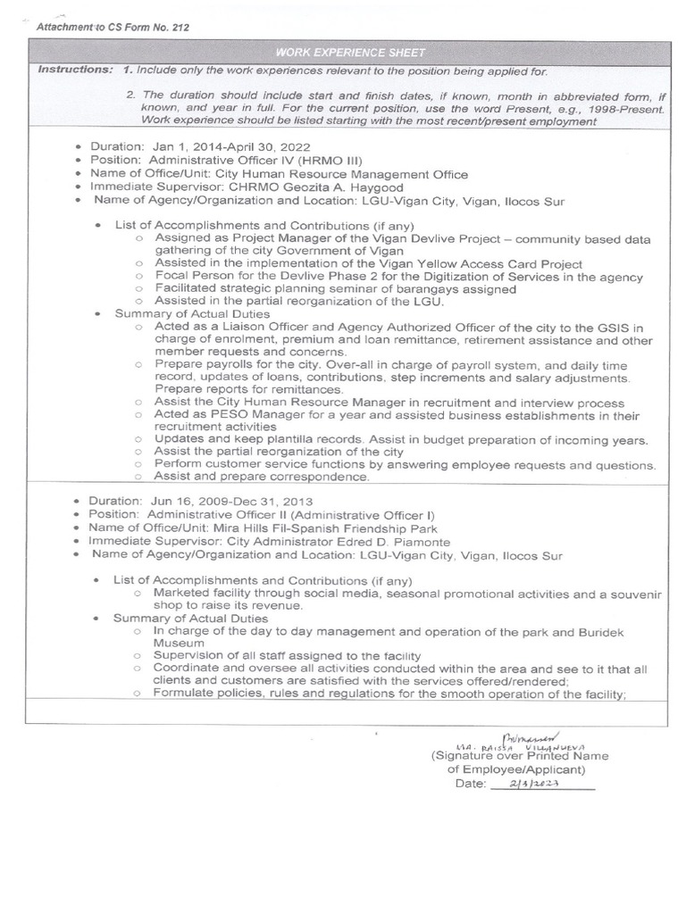 Work Experience Sheet PDF | PDF