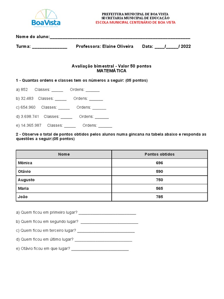 Avaliação De Matemática 2 Bimestre Pdf Matemática