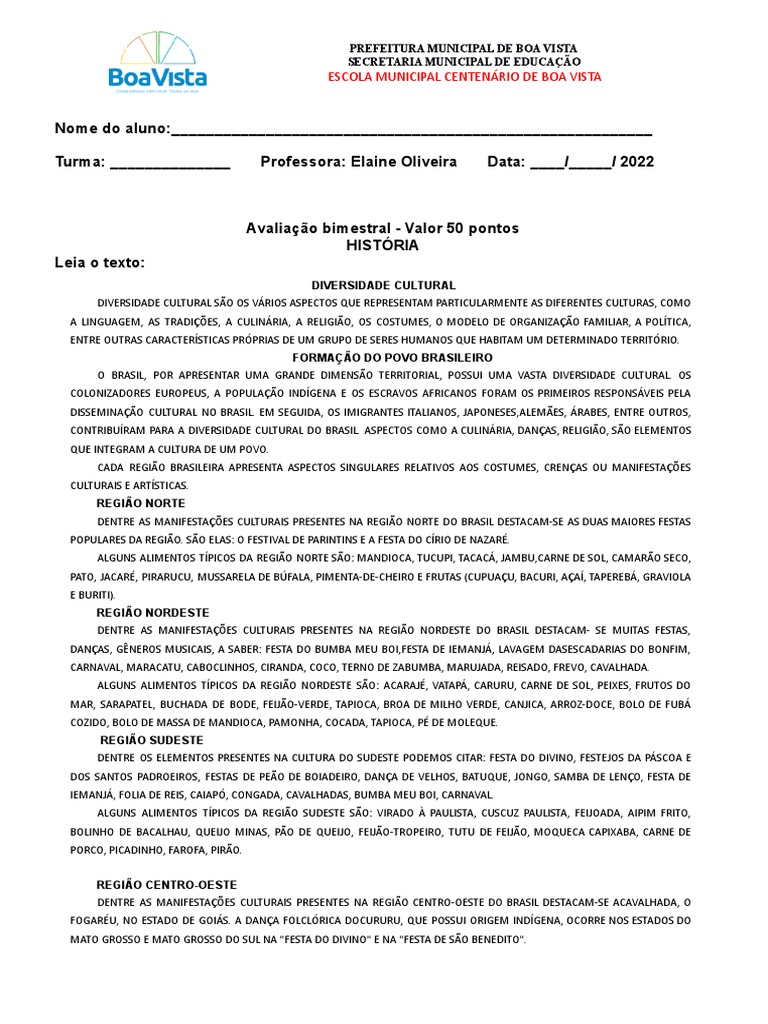 Avaliação De História 2 Bimestre Pdf Brasil Brasileiros