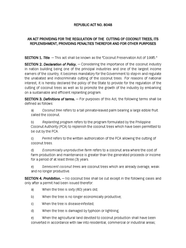 (1995) RA 8048 Coconut Preservation Act - RA 1053 Amendments | PDF ...