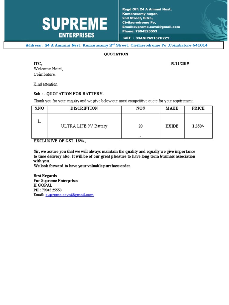 Quotation For bATTERY | PDF