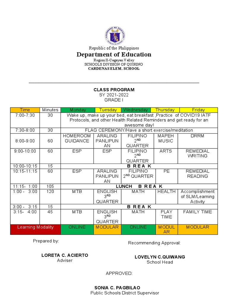 Class Program Grade 1 2021 2022 | PDF