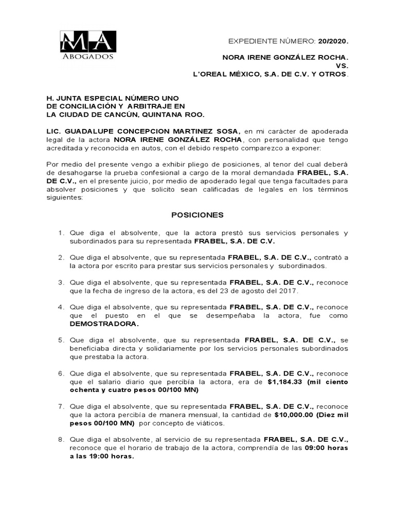 Pliego de Posiciones Nora Irene Frabel, S.A. de C.V. | PDF