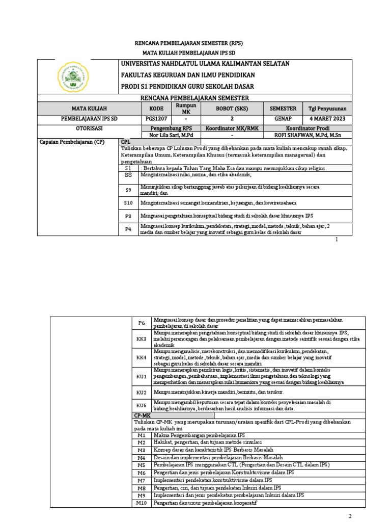 RPS Pembelajaran Ips SD | PDF | Karier & Perkembangan