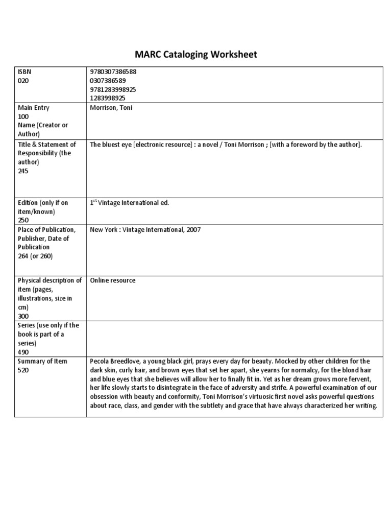 Selestine Martinez - Marc Cataloging Worksheet | PDF