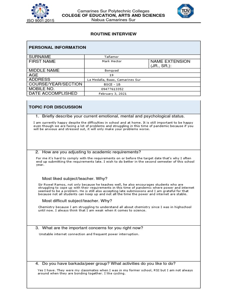 Routine Interview Form | PDF | Behavior Modification | Psychology