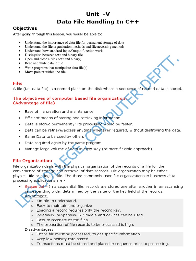 Lecturer Notes BCA Pt-II - OOPs Unit-V File Management-I | PDF ... Lecturer Notes BCA Pt-II - OOPs Unit-V File Management-I | PDF ...