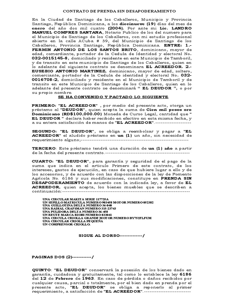 Contrato de Prenda Sin Desapoderamiento | PDF | Pagos | Justicia
