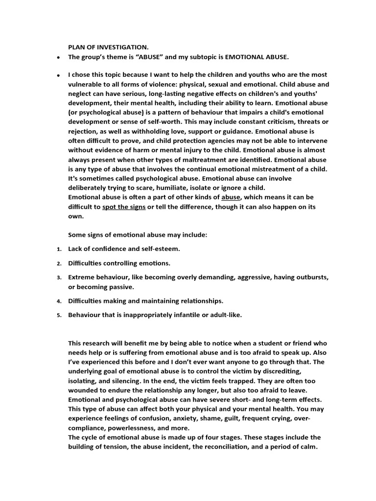 Plan of Investigation Sba | PDF | Psychological Abuse | Social Institutions