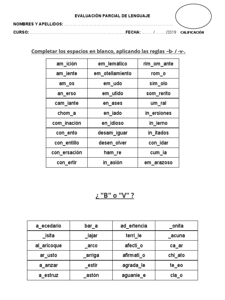 Completar Los Espacios en Blanco, Aplicando Las Reglas - B-/ - V | PDF ...