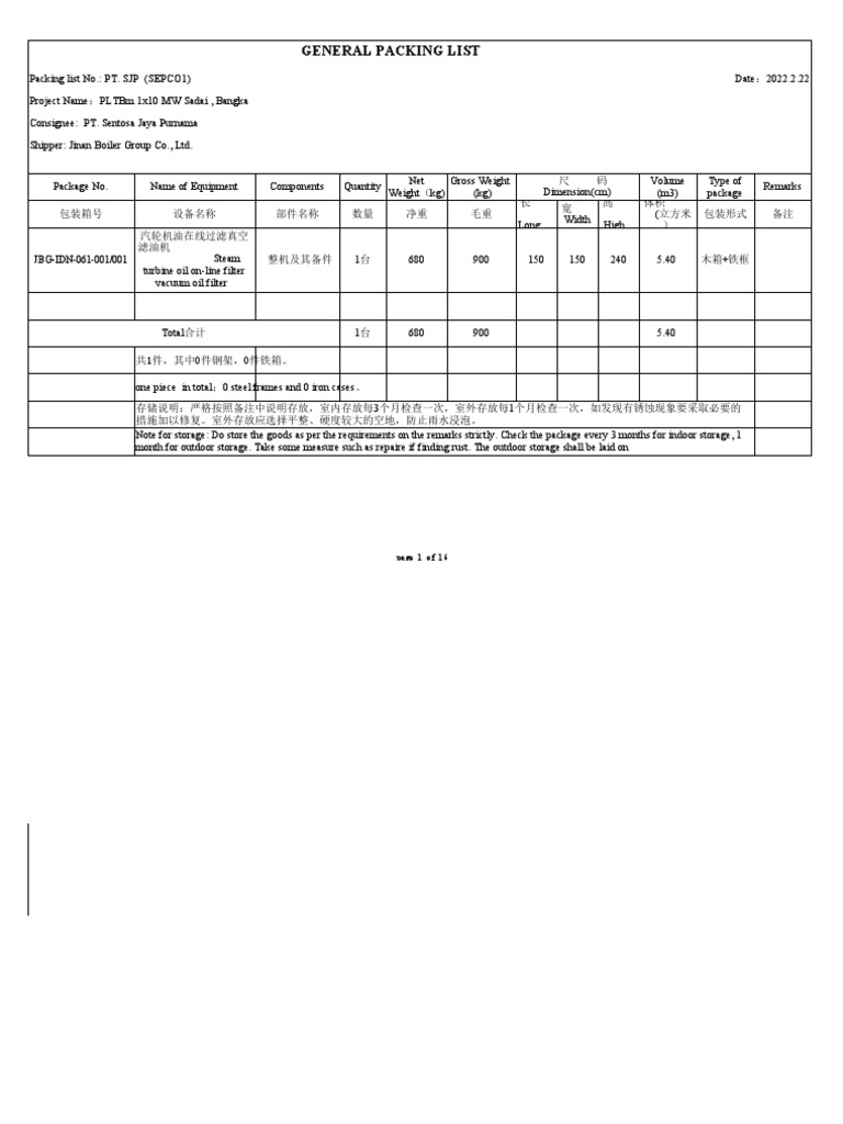 General Packing List: JBG-IDN-061-001/001 | PDF