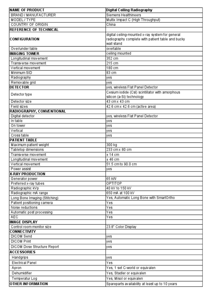 Spesifikasi Multix Impact C (High Throughput) | PDF | Radiography | Image Processing