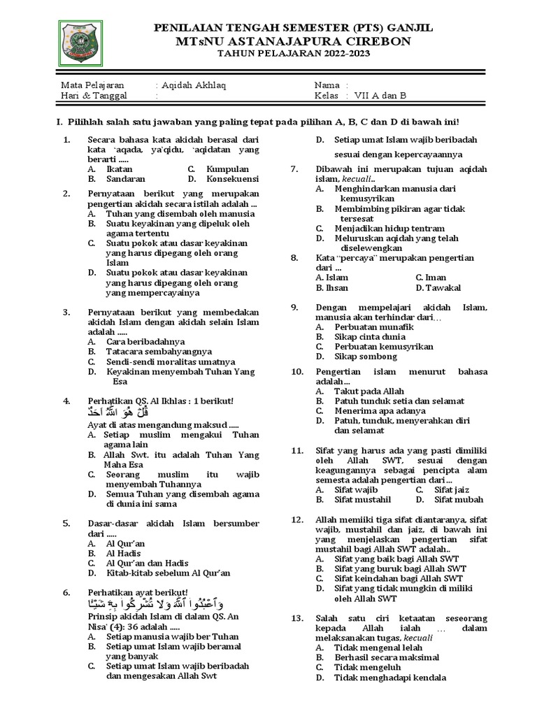 Soal PTS Aqidah kls VII | PDF