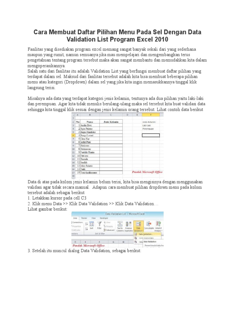 Cara Membuat Daftar Pilihan Menu Pada Sel Dengan Data Validation List Program Excel 2010 | PDF ...