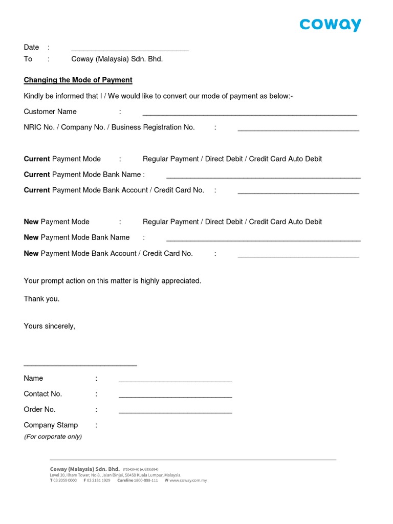 Change of Coway Payment Method Request | PDF | Business