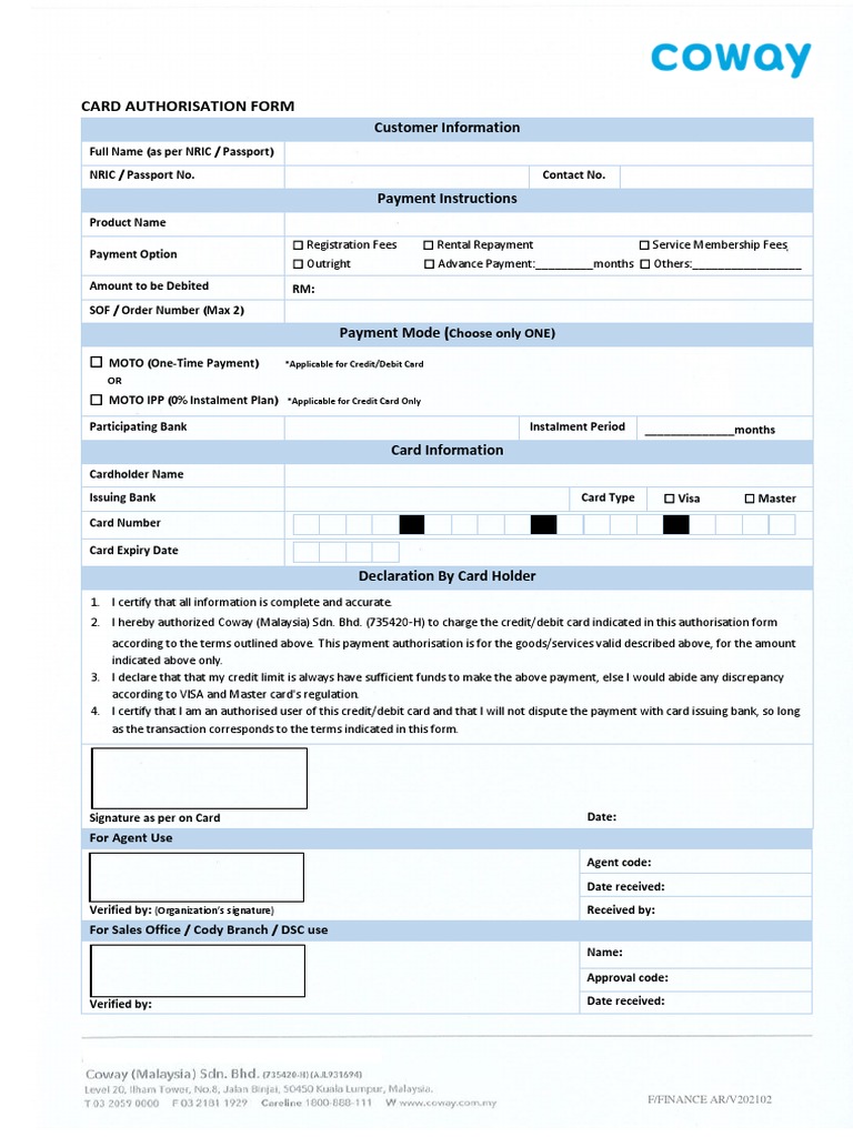 MOTO Card Authorisation Form (F - FINANCE AR - V202102) | Download Free ...