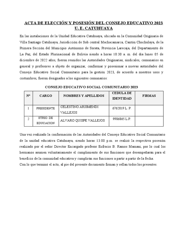 Acta de Elección y Posesión Del Consejo Educativo 2023 | PDF