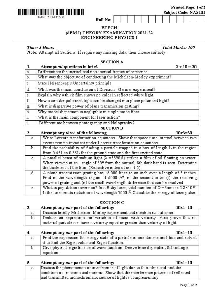 Btech-1-Sem-Engineering-Physics-1-Nas101-2022. 111 PDF | PDF | Diffraction | Metrology
