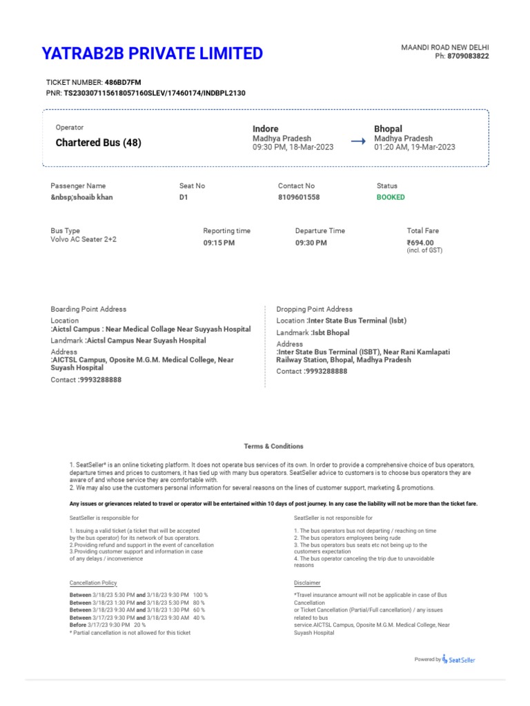 Bus Ticket Confirmation from Indore to Bhopal on March 19th, 2023 for ...