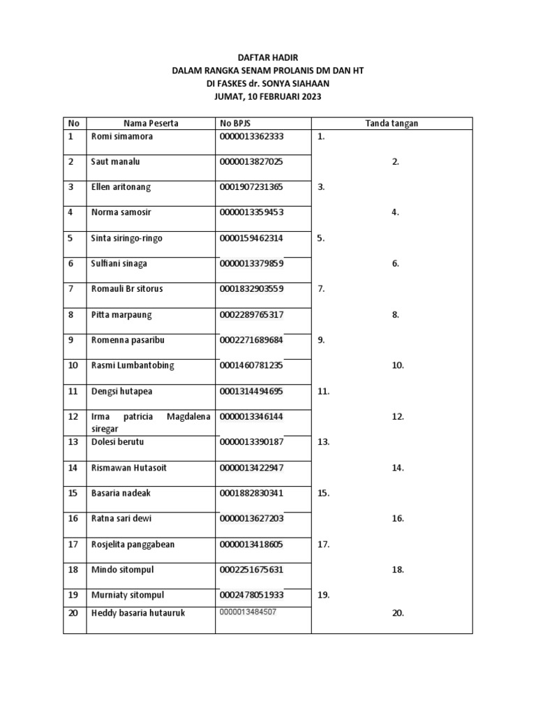 DAFTAR HADIR ANGGOTA PROLANIS | PDF