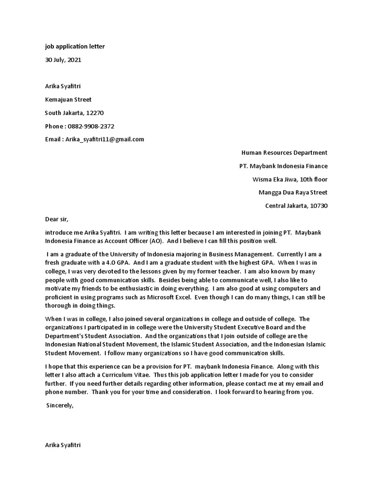 Job application letter for Account Officer position | PDF