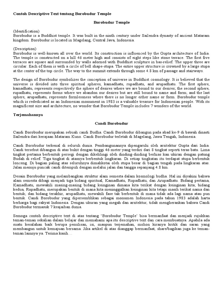 Contoh Descriptive Text tentang Borobudur Temple.docx | PDF