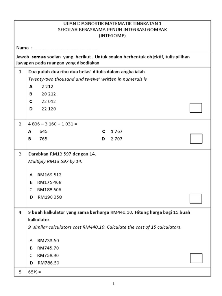 Ujian Diagnostik Matematik f1 | PDF