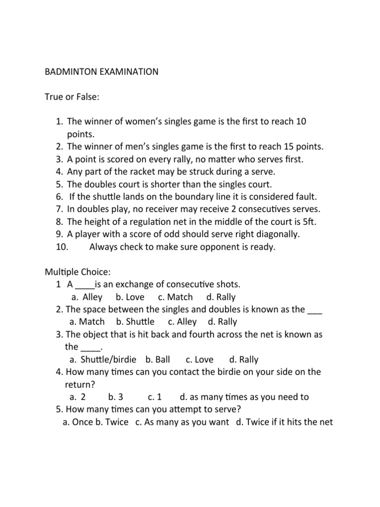 Badminton Examination | PDF | Table Tennis | Leisure