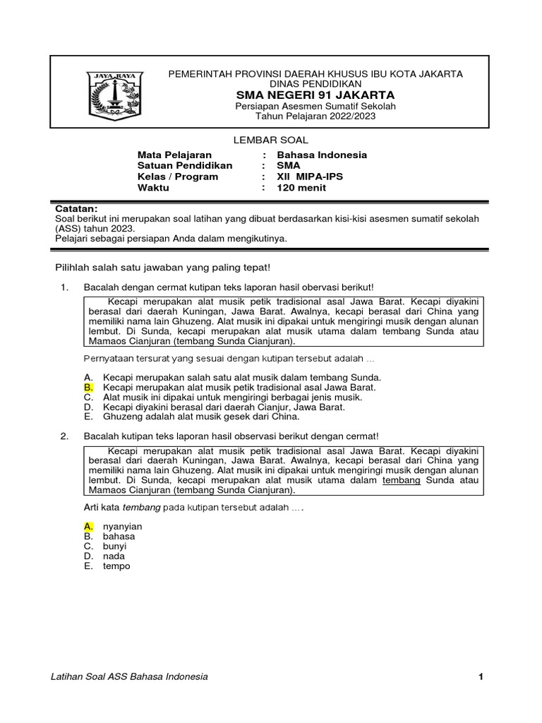 Latihan Soal Ass Bindo 2023 PDF | PDF