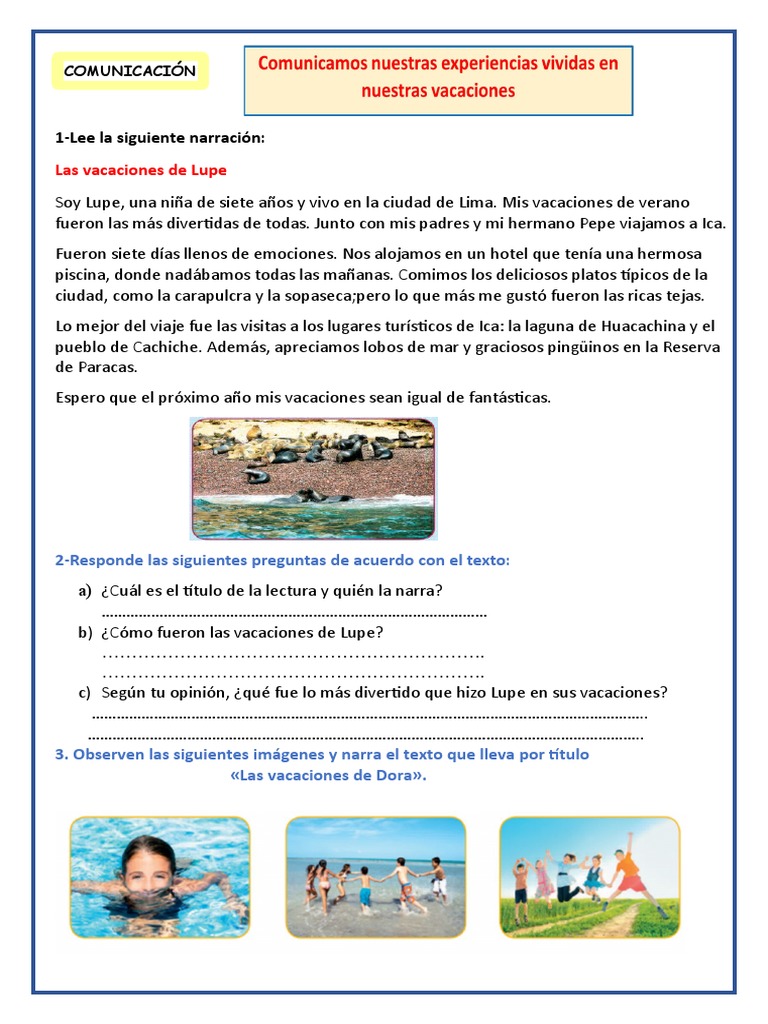 Fichas. Lunes 20 Comunic. Narrar Experiencias de Sus Vacaciones | PDF