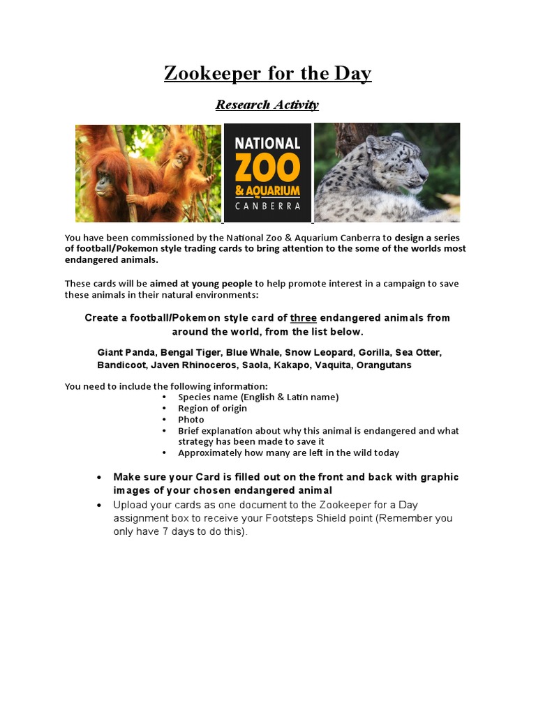 Zookeeper For A Day - Footy Card Activity | PDF