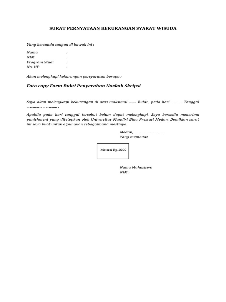 Form Pendaftaran Wisuda Dan Surat Pernyataan Kekurangan Syarat Wisuda | PDF