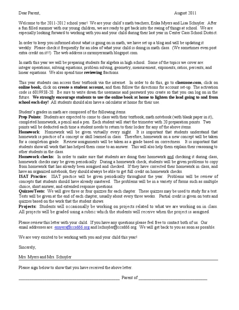 Parent Letter 2011 Cotaught | PDF | Homework | Cognition