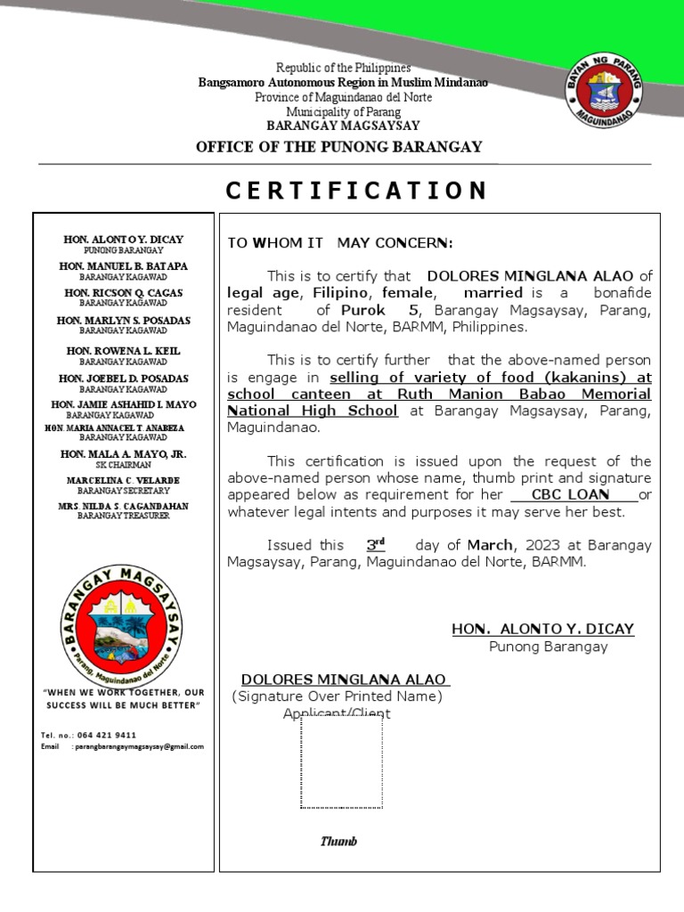 Certification For CBC Loan | PDF | Philippines