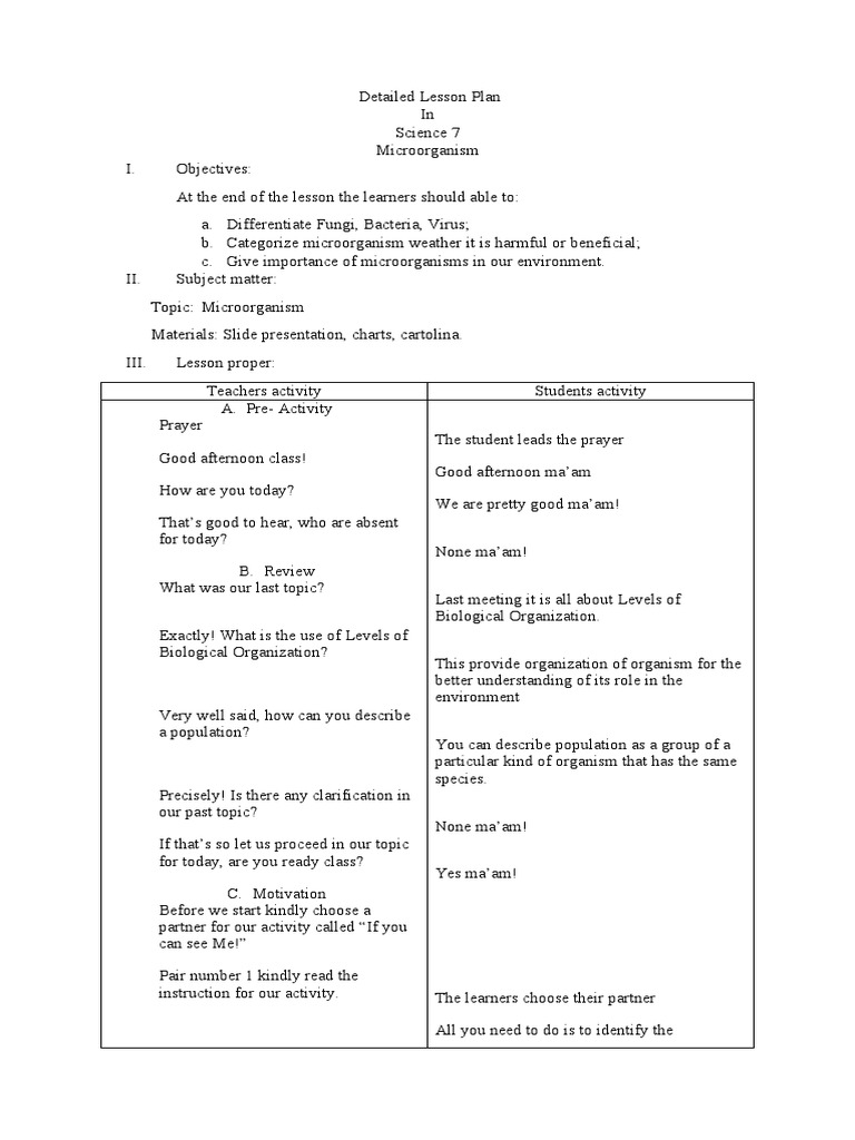 Detailed Lesson Plan | PDF | Microorganism | Fungus